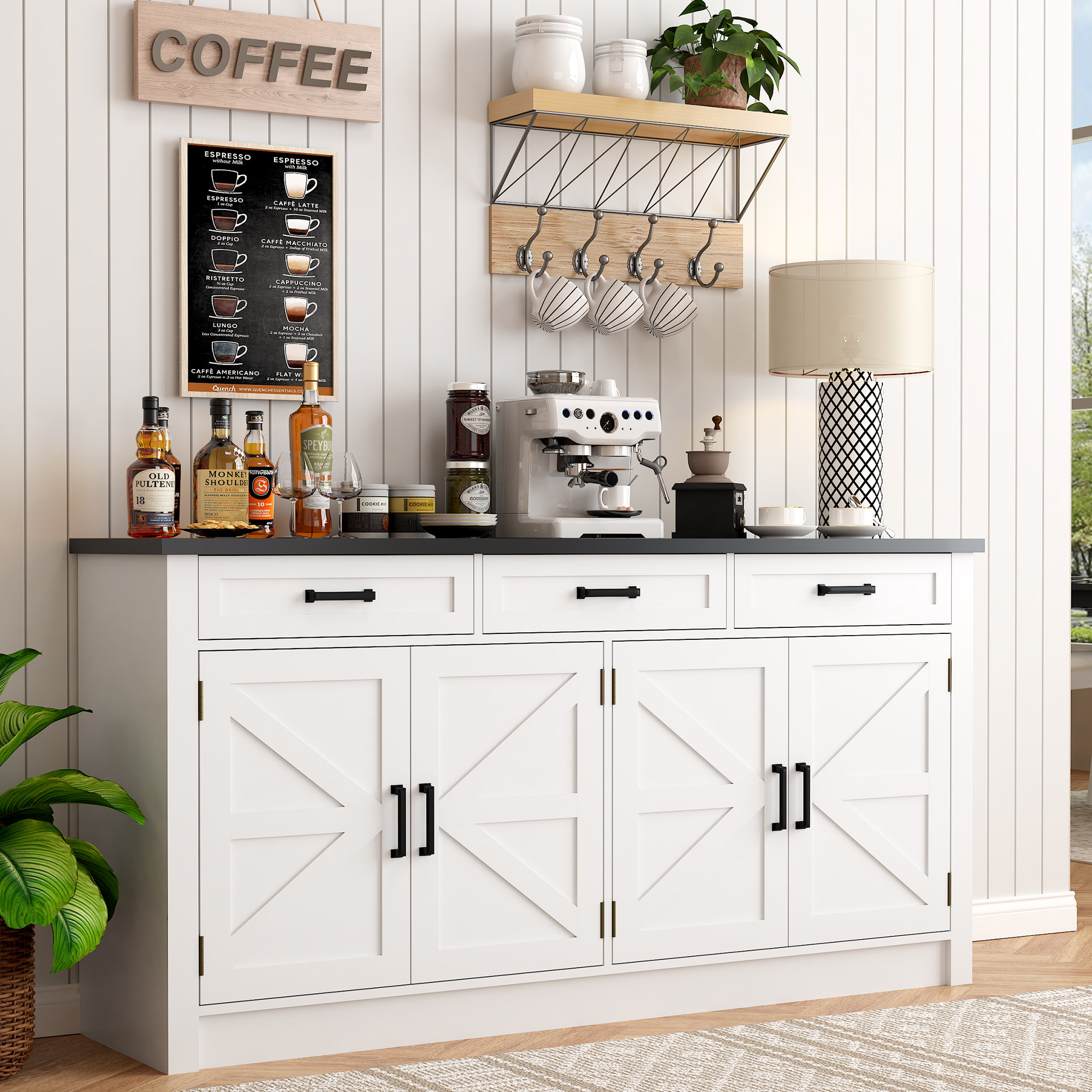 Ebern Designs Farmhouse Buffet Cabinet with Storage, 65" Wide Bar Cabinet with 3 Drawers and 4 ...